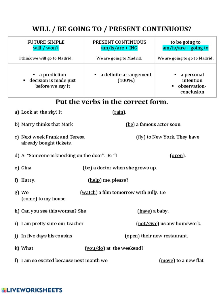 FUTURE - Will, Going To, PR - Cont. | PDF