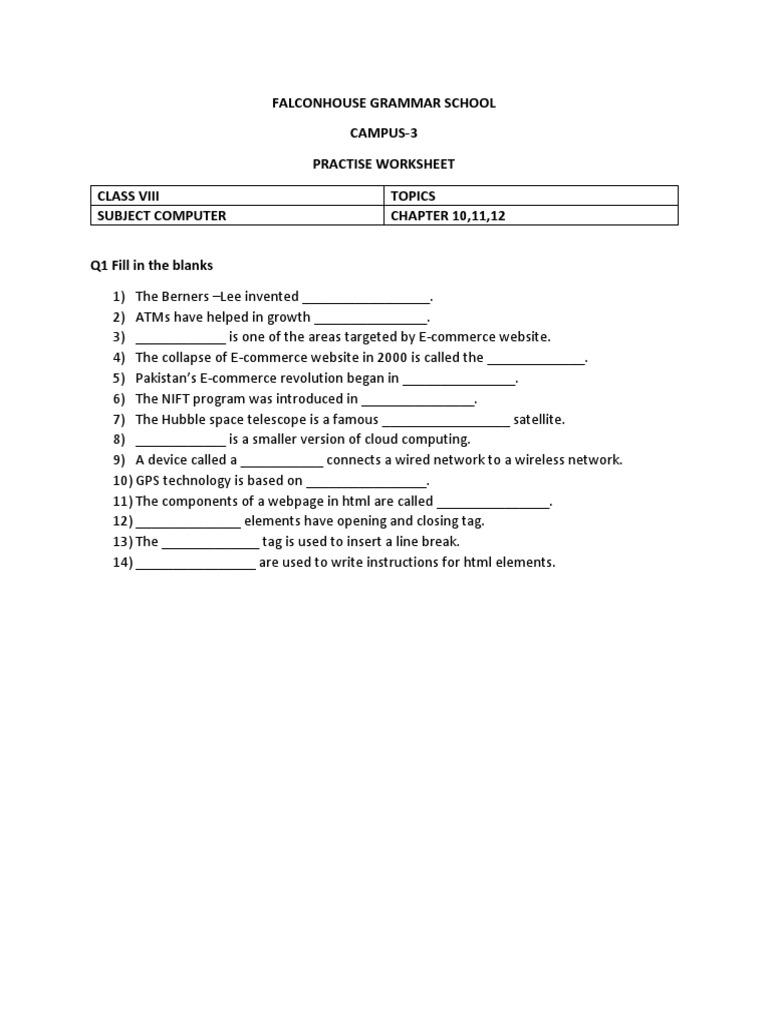 Falconhouse Grammar School Campus-3 Practise Worksheet Class Viii ...