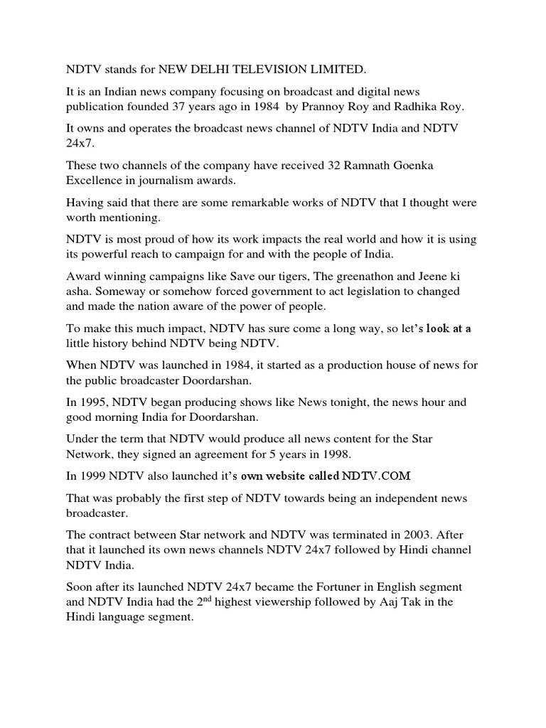 NDTV | PDF | Entertainment | Television Network