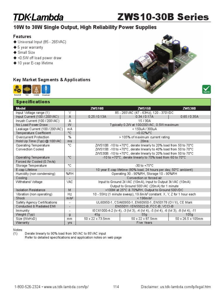 TDK Lambda ZWS30B 5 Datasheet | PDF | Power Supply | Electromagnetism