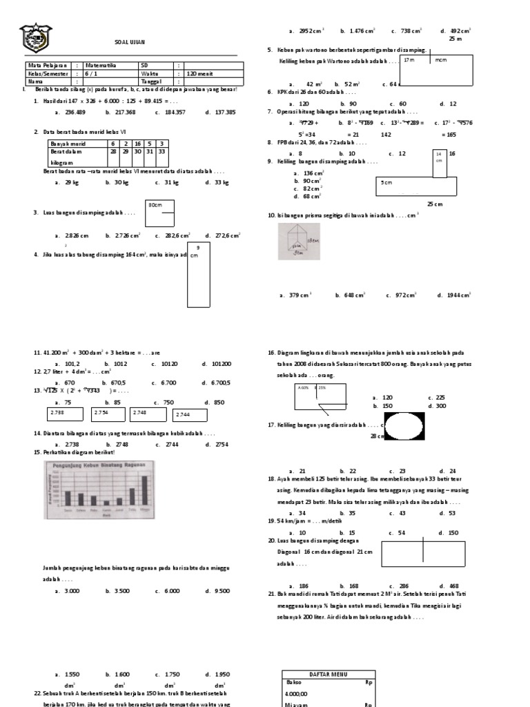 Soal Ujian Matematika Kelas 6 SD | PDF