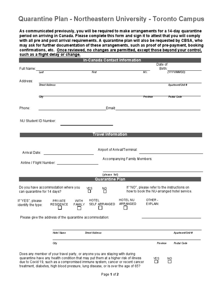 NU Toronto Quarantine Plan Final | PDF | Quarantine | Hotel