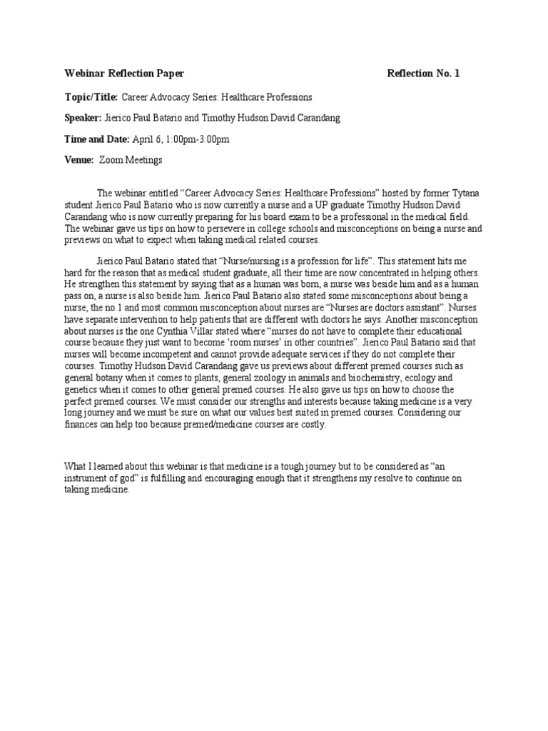 Webinar Reflection Paper Reflection No. 1 Topic/Title | PDF | Self ...