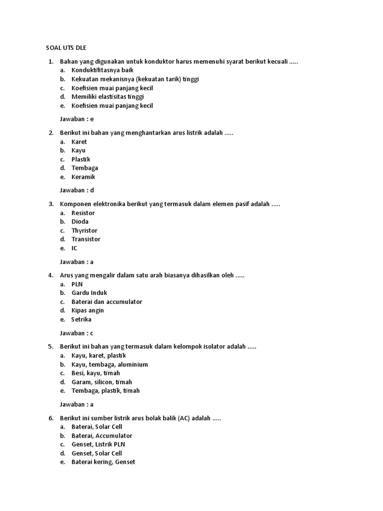 Soal UTS DLE: Konduktor, Isolator, dan Komponen Elektronika | PDF
