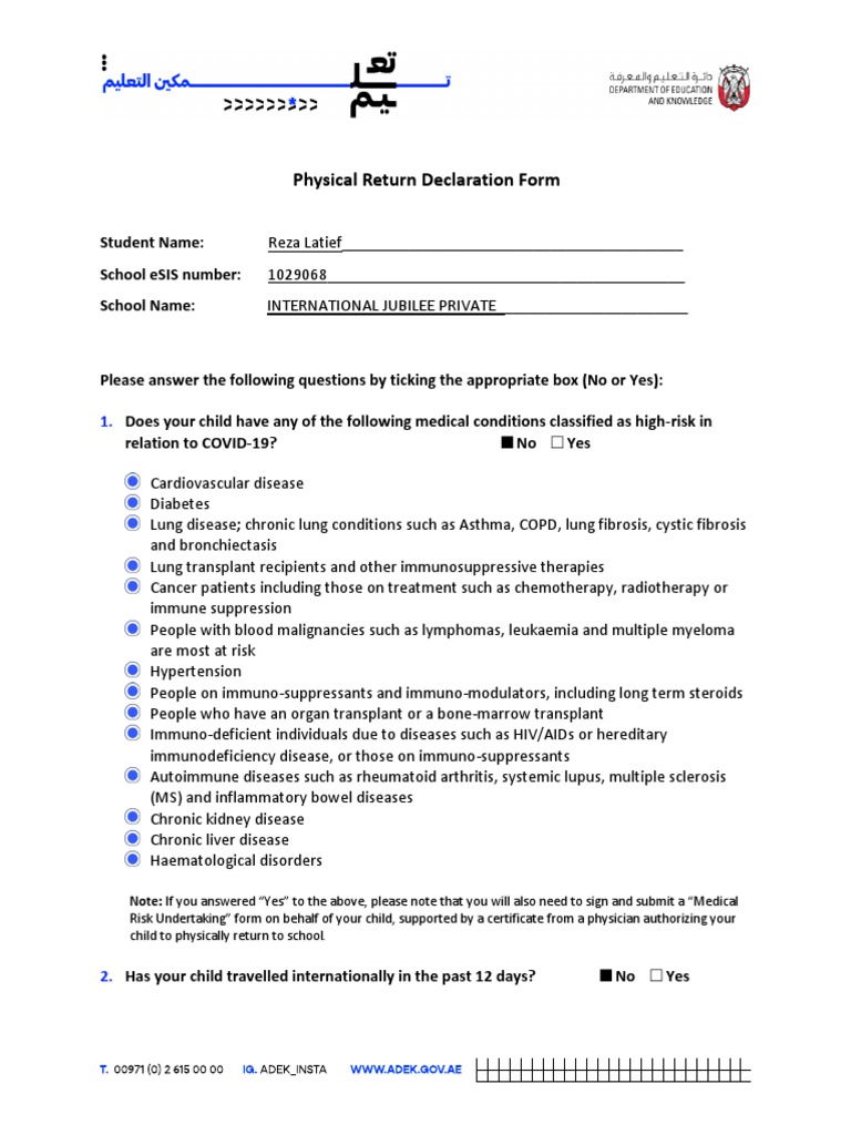 COVID-19 Student Health Declaration Form | PDF | Chronic Condition | Immunosuppression
