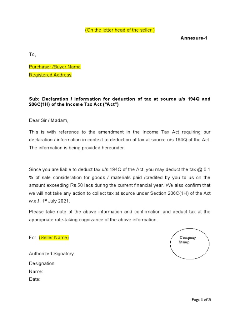 Declaration U.S 206AB by The Seller | PDF | Taxes | Policy