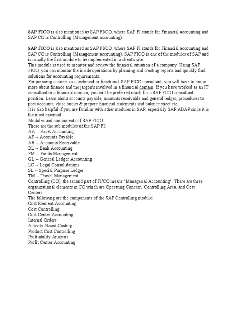 SAP FICO Module Overview | PDF | Business | Finance & Money Management