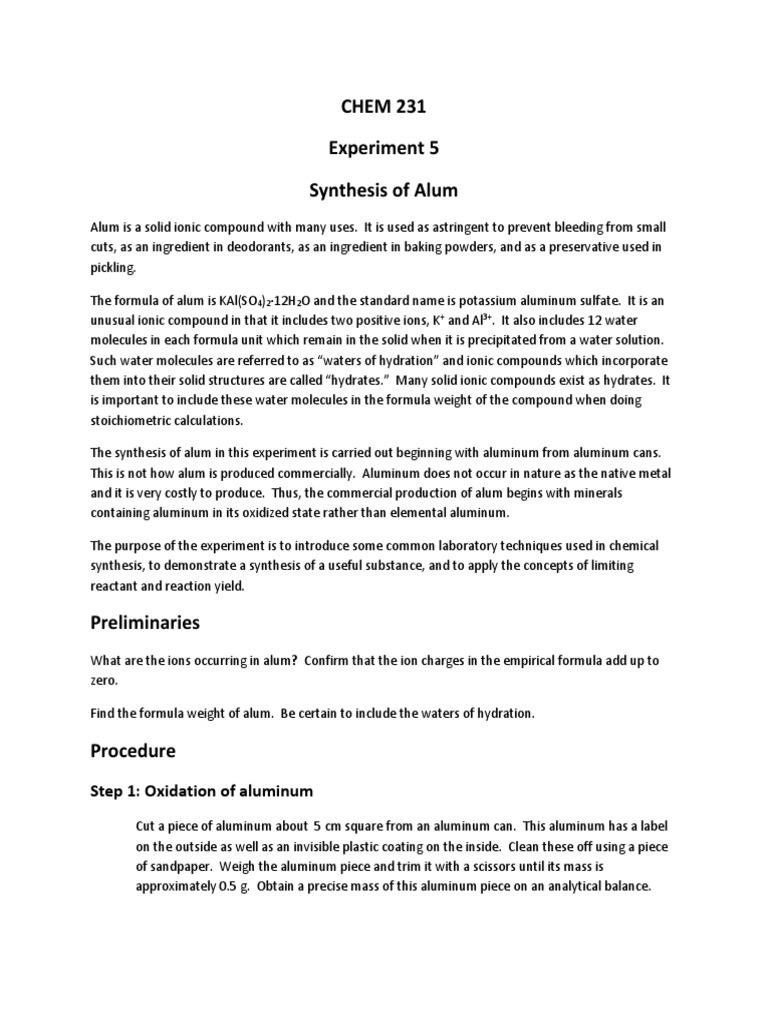 Lab 5 Synthesis of Alum | PDF | Hydroxide | Sulfate