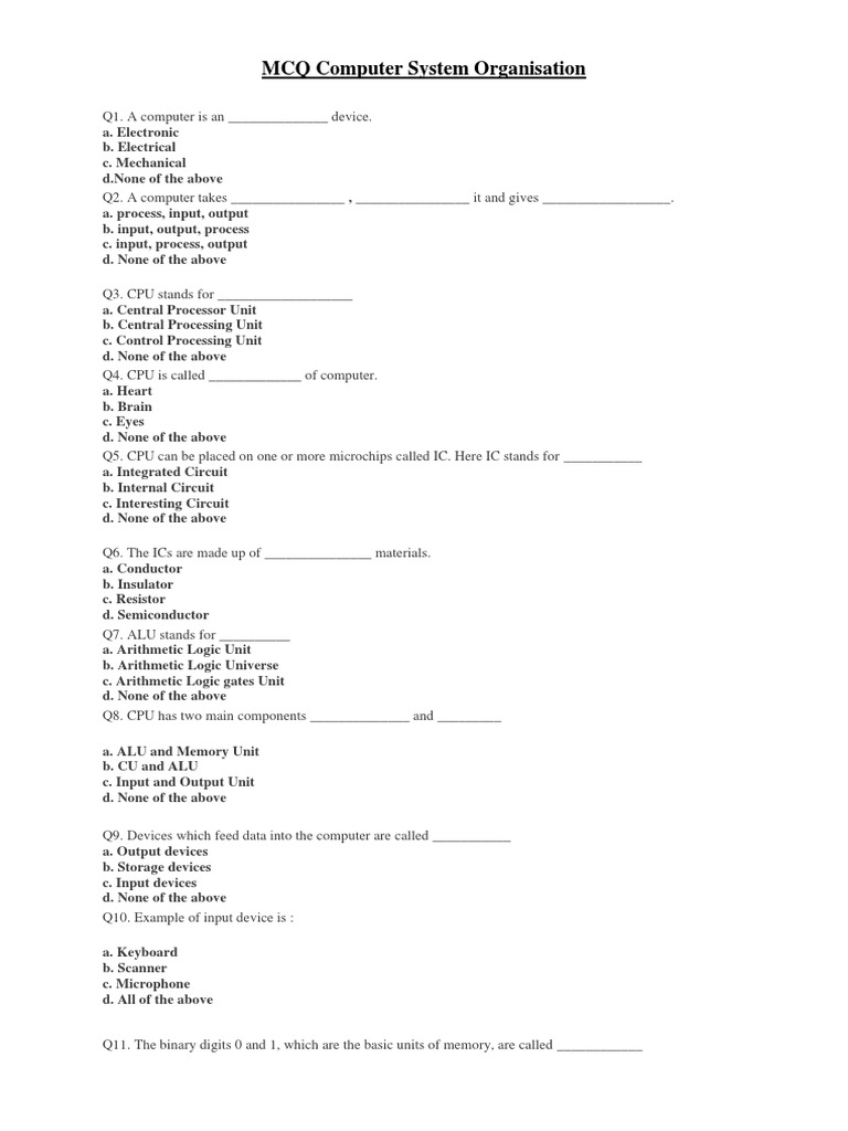 XI-MCQ Computer System Organisation | PDF | Central Processing Unit ...
