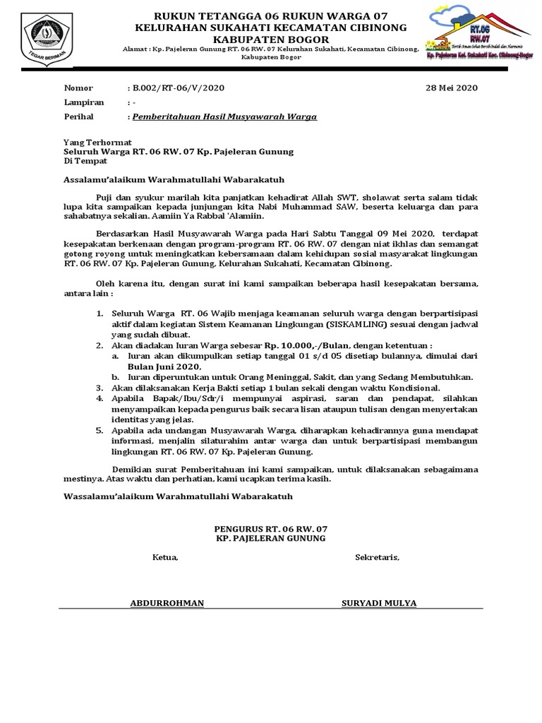 B. 002 Surat Edaran Warga RT 06 | PDF