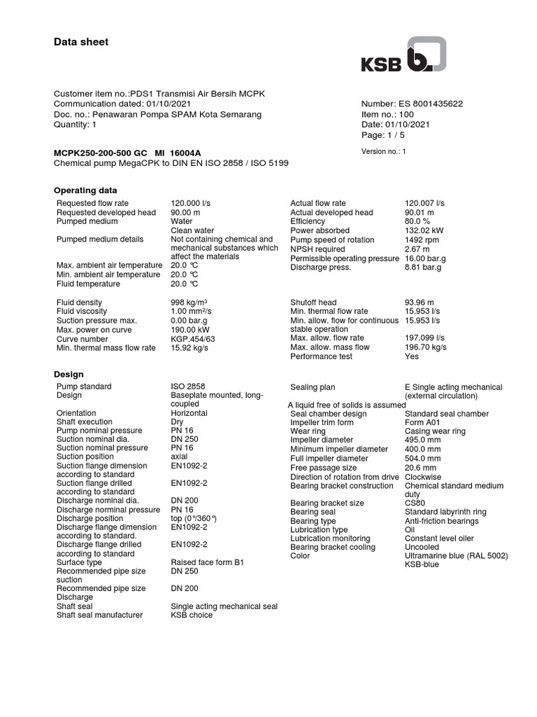 PDS1 Transmisi Air Bersih MCPK Pump | PDF | Pump | Bearing (Mechanical)
