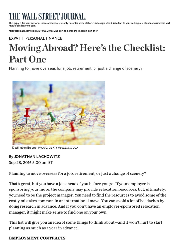 Moving Abroad - Here's The Checklist - Part One - Expat - WSJ | PDF ...