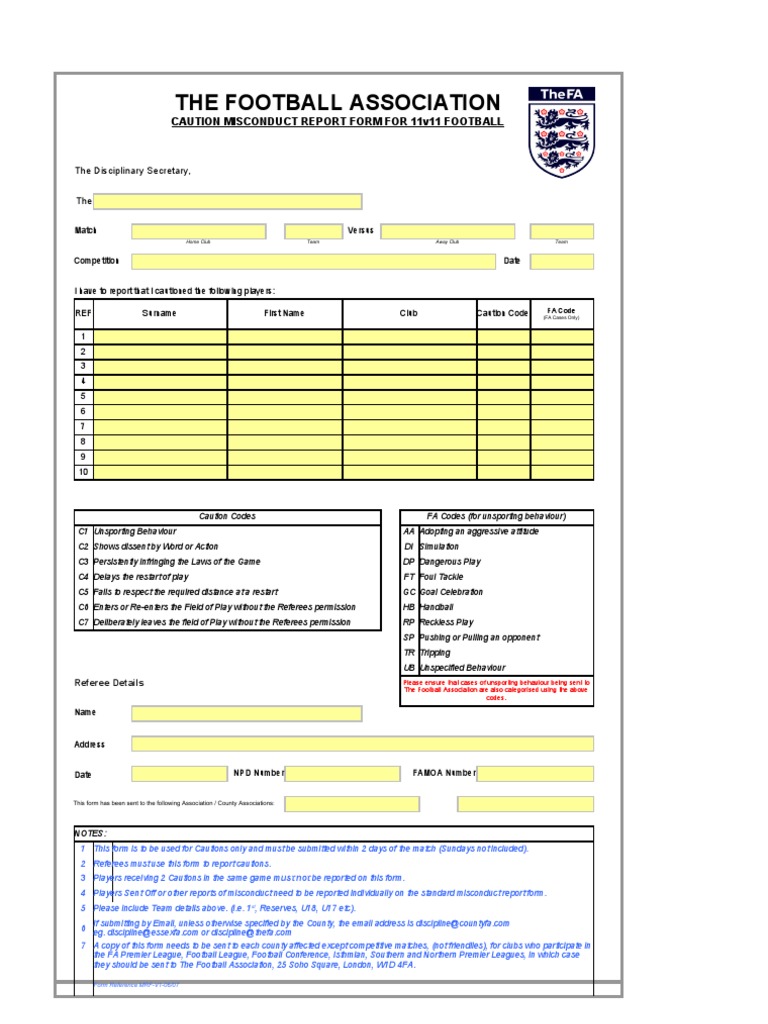 The Football Association: Caution Misconduct Report Form For 11V11 ...