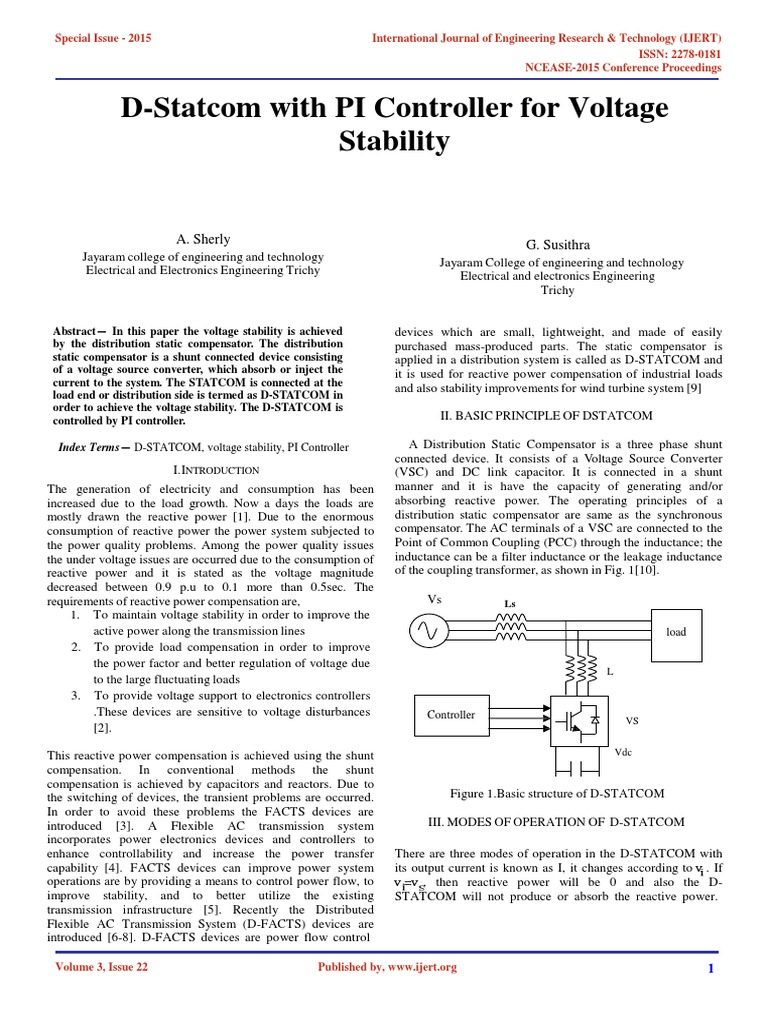 D-Statcom With PI Controller For Voltage Stability: A. Sherly G. Susithra | PDF | Ac Power ...