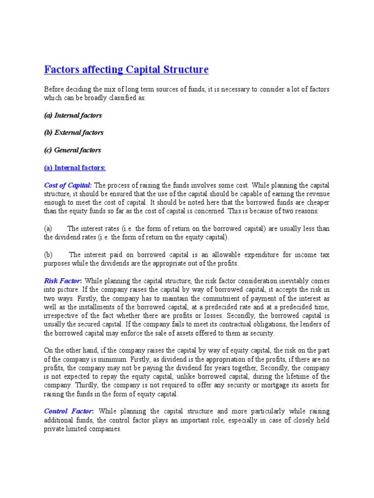 Factors Affecting Capital Structure: (A) Internal Factors (B) External ...