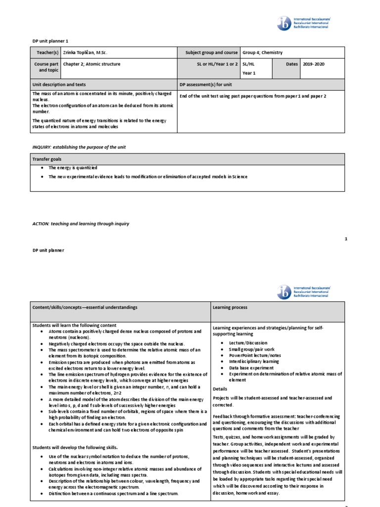 Chemistry Unit Planner: Atomic Structure | PDF | Atoms | Emission Spectrum