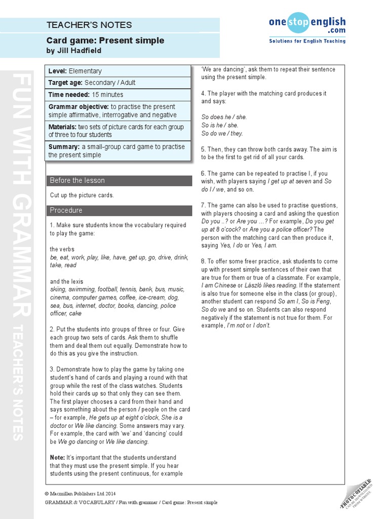 Title Card Game: Present Simple: TG or Worksheet Teacher'S Notes ...