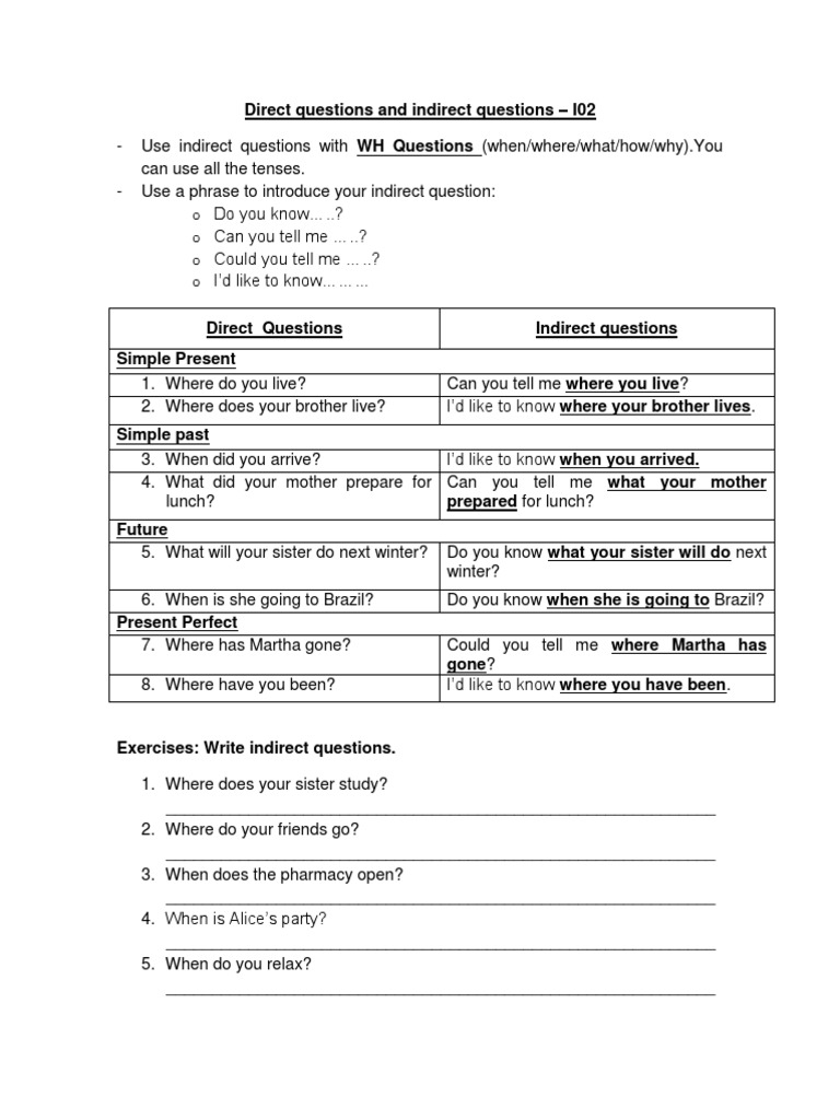 Direct Questions and Indirect Questions - I02 | PDF | Language ...
