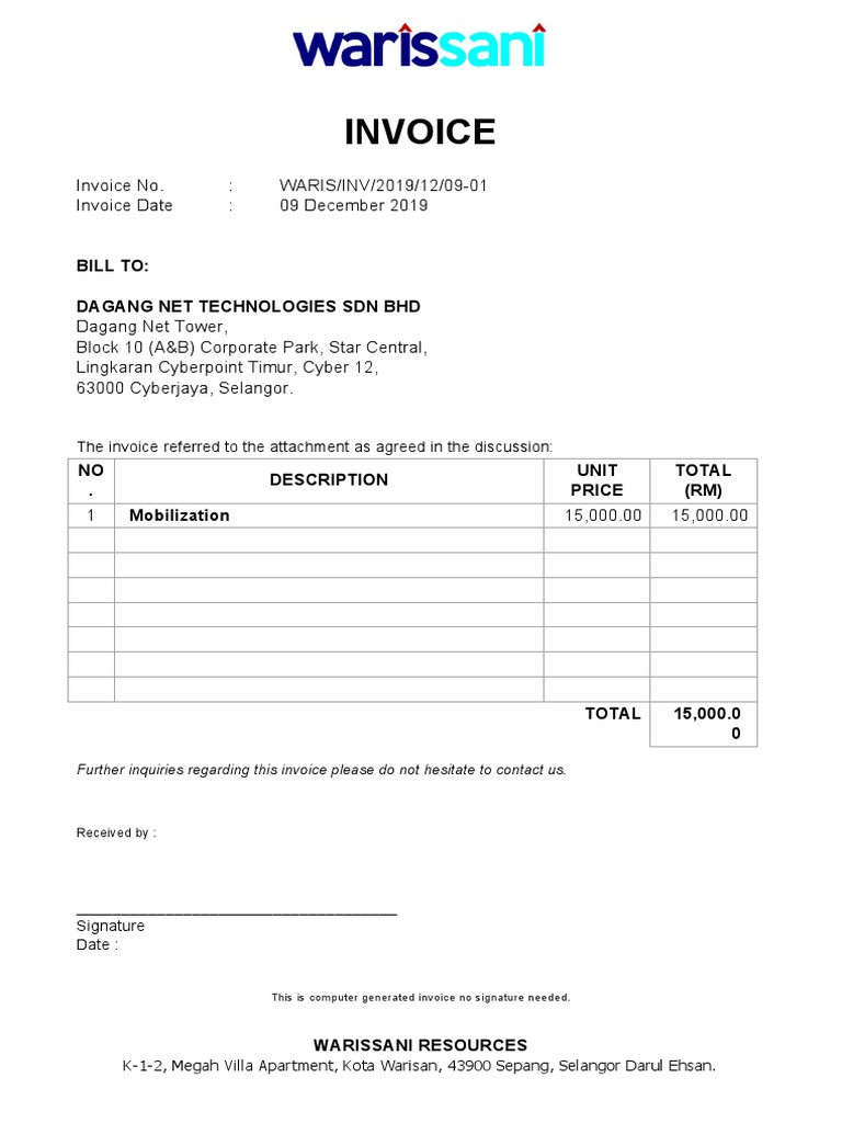 INVOICE - Mobilization 1 | PDF