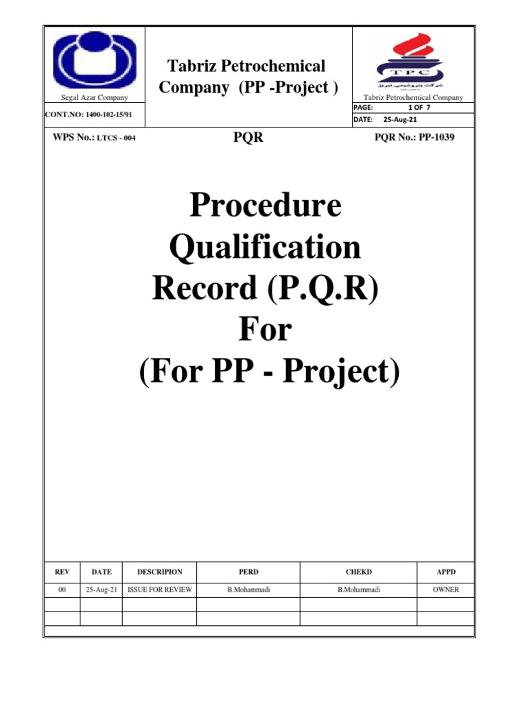 PQR for PP Project at Tabriz Petrochemical | PDF | Technology & Engineering