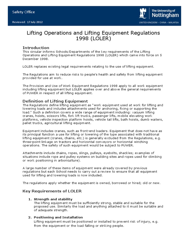 Lifting Operations and Lifting Equipment Regulations 1998 (LOLER) | PDF ...