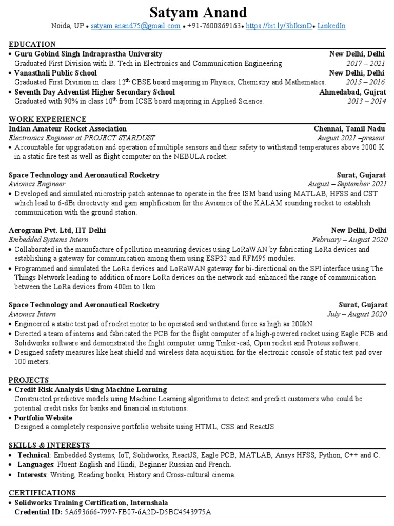 Satyam Anand Resume | Download Free PDF | Electronics | Computer Engineering