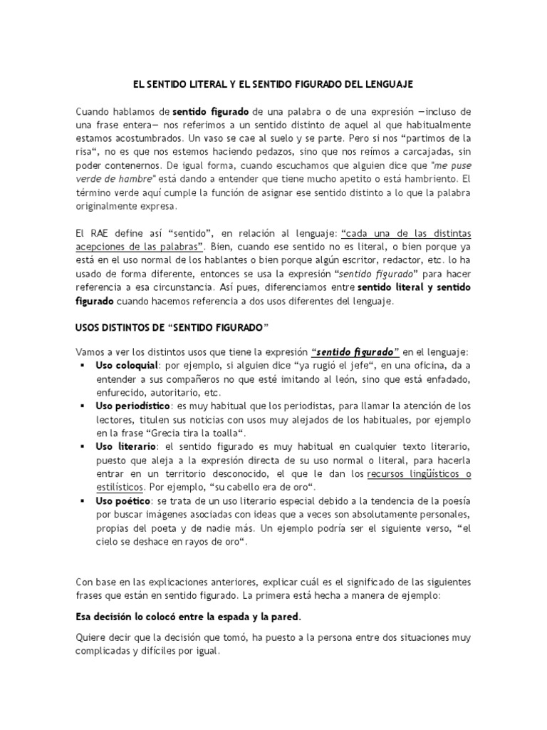 Taller Sobre El Sentido Literal y El Sentido Figurado Del Lenguaje ...