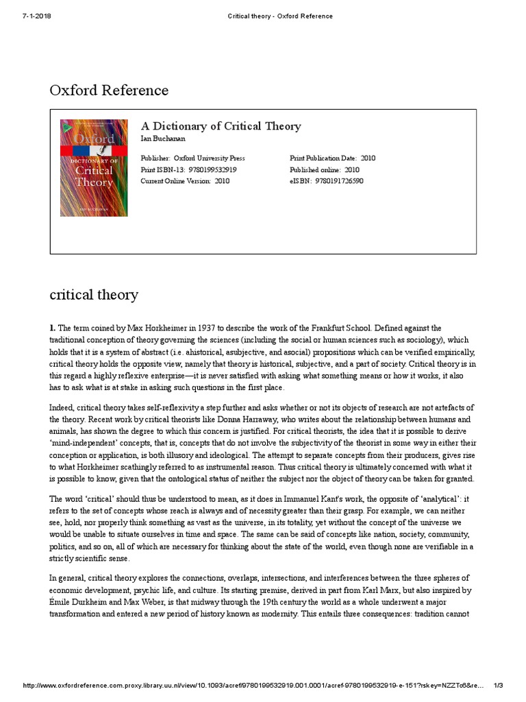 Oxford Reference: Critical Theory | PDF | Critical Theory | Frankfurt ...