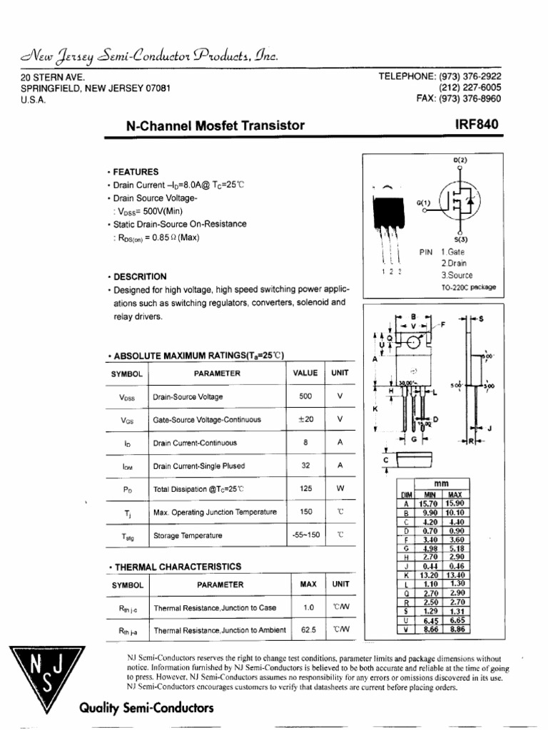 Irf840 N Mosfet | PDF | Field Effect Transistor | Mosfet