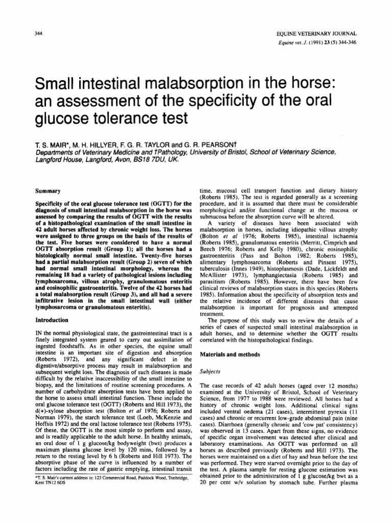 Small Intestinal Malabsorption in The Horse: An Assessment of The ...