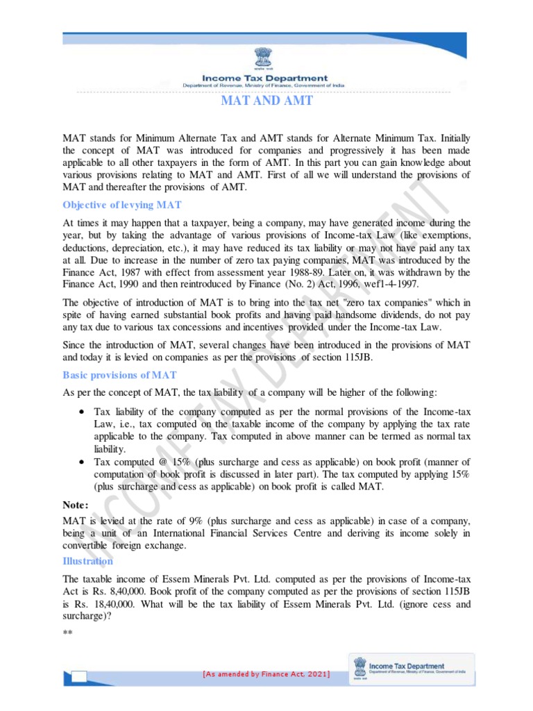 Mat and Amt: Objective of Levying MAT | PDF | Alternative Minimum Tax ...