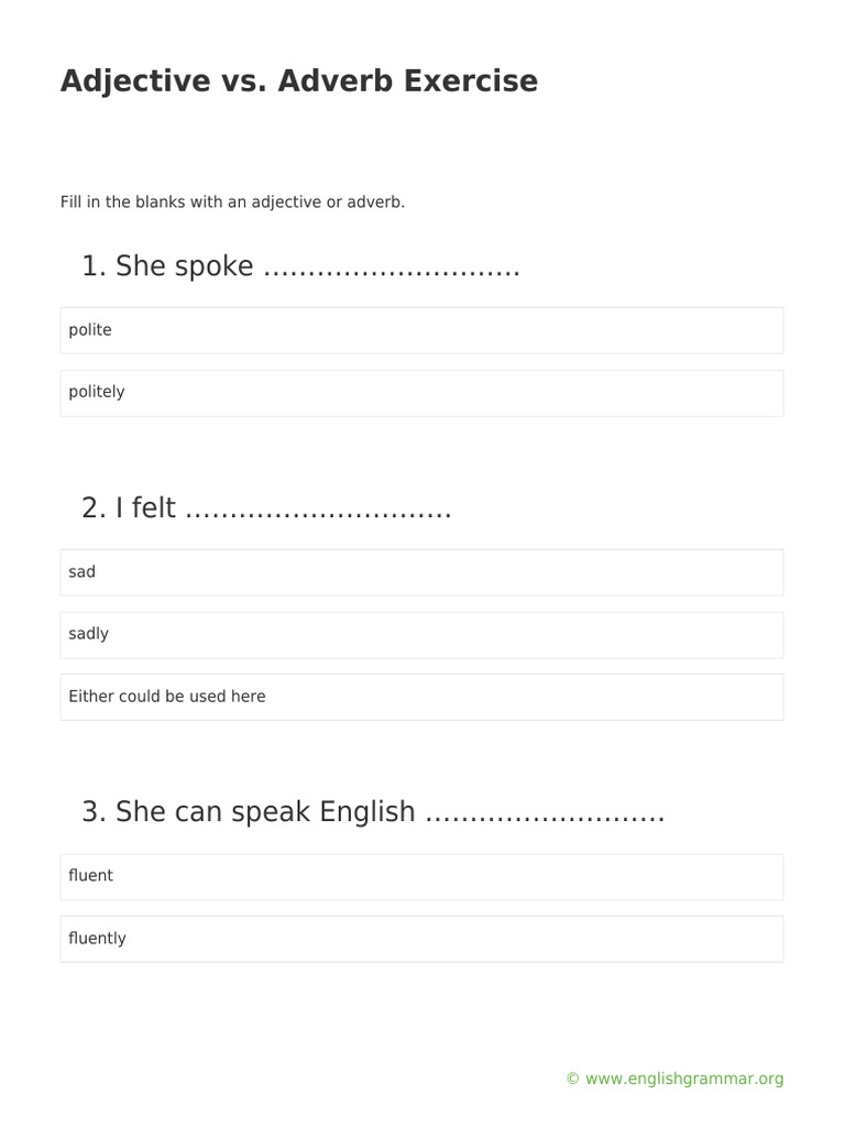 Adjective vs. Adverb Exercise | PDF