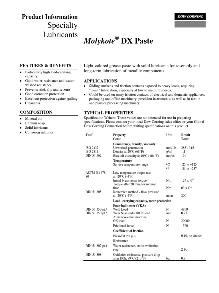TDS MOLYKOTE DX Paste Eng | PDF | Lubricant | Friction