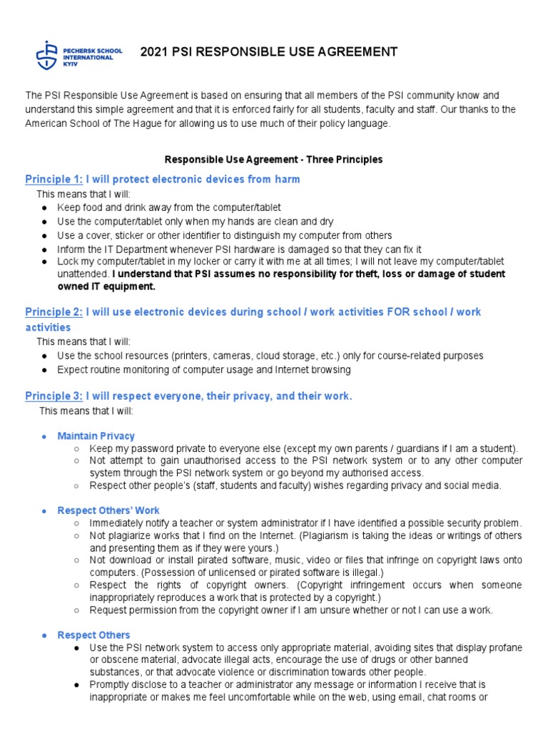 2021 Responsible Use Agreement | PDF | Copyright Infringement | World ...