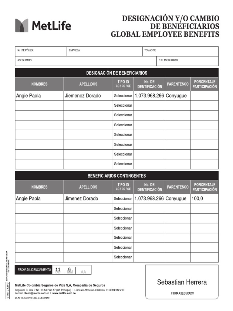 Metlife Formato Designacion y o Cambio Beneficiarios Editable v1 | PDF