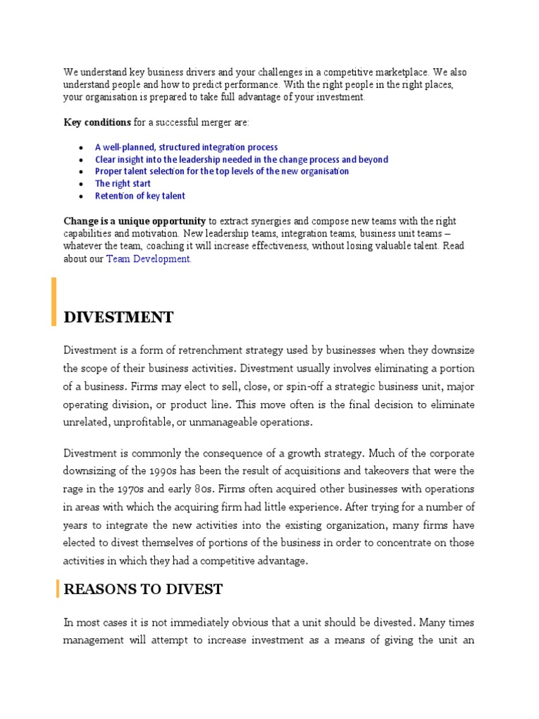Divestment: Key Conditions For A Successful Merger Are | PDF ...