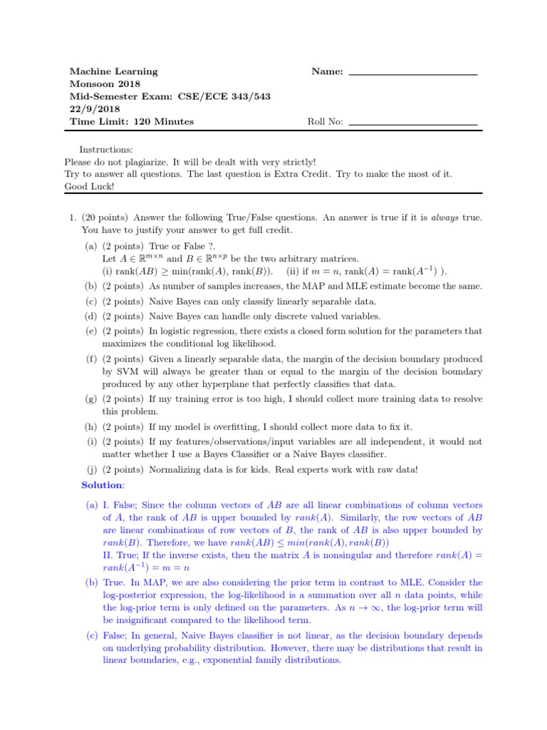 ML Midsem 2018 Solutions | PDF | Cross Validation (Statistics) | Regression Analysis
