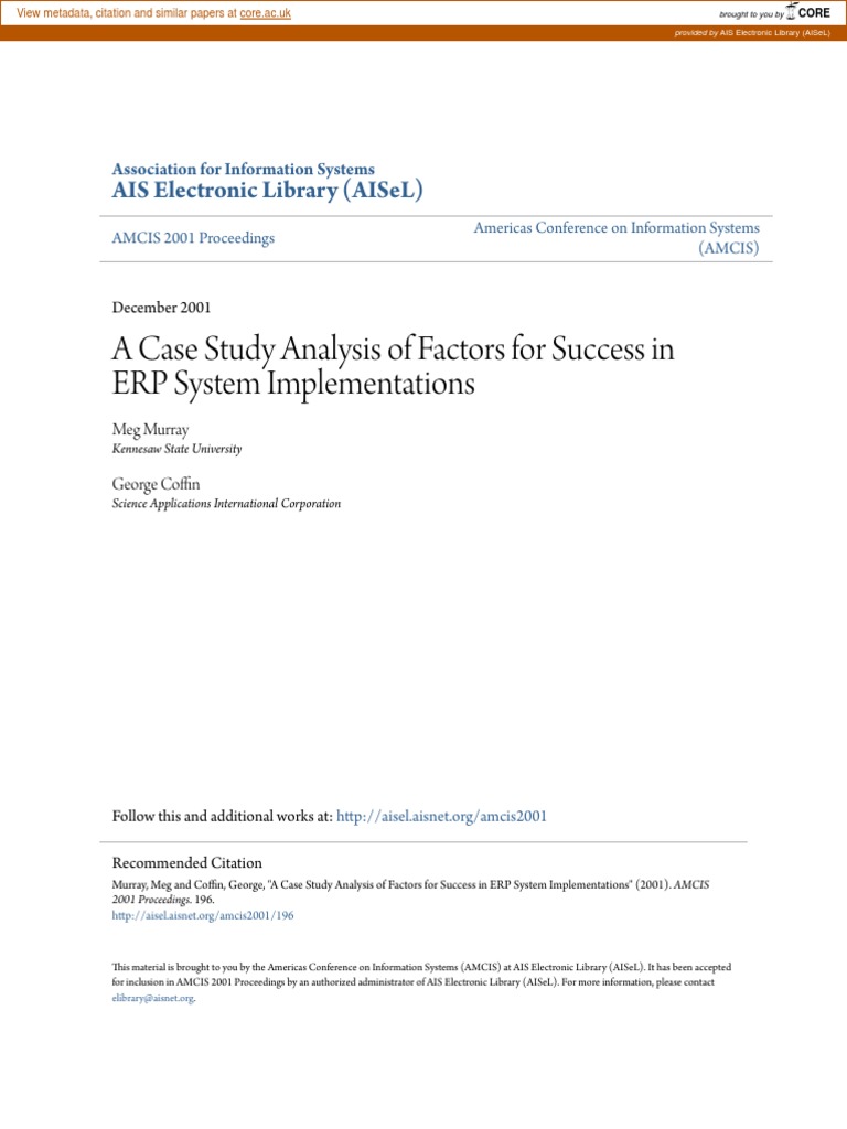 A Case Study Analysis of Factors For Success in ERP System Implementations | PDF | Enterprise ...