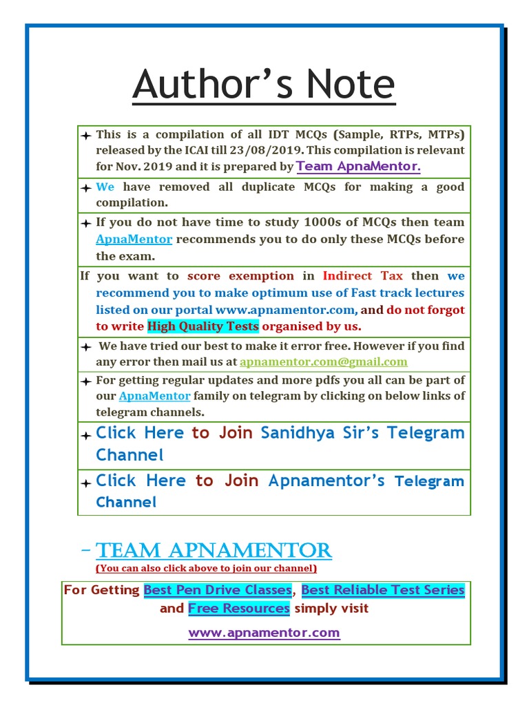 ICAI IDT MCQs Compilation for Nov 2019 | PDF | Value Added Tax | Economies