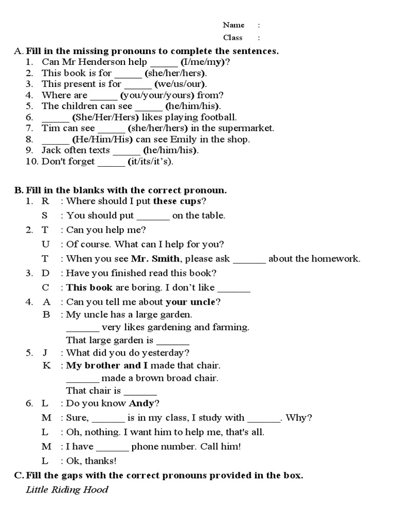 Mixed Pronouns Exercises Worksheet | PDF | Little Red Riding Hood