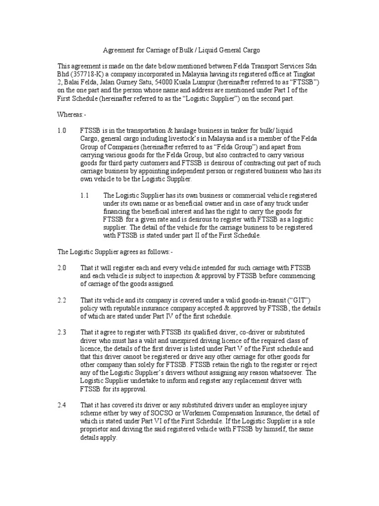 Agreement For Carriage of Bulk | PDF | Cargo | Logistics