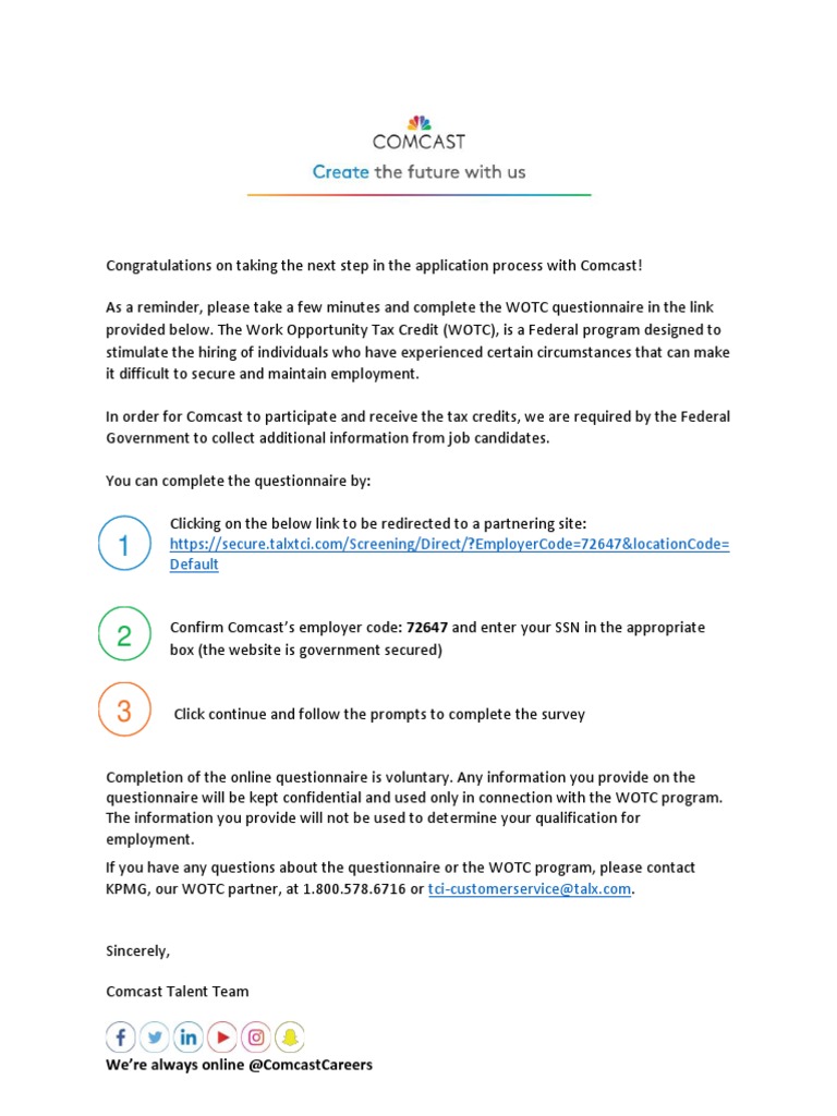 Comcast WOTC Questionnaire Instructions | PDF