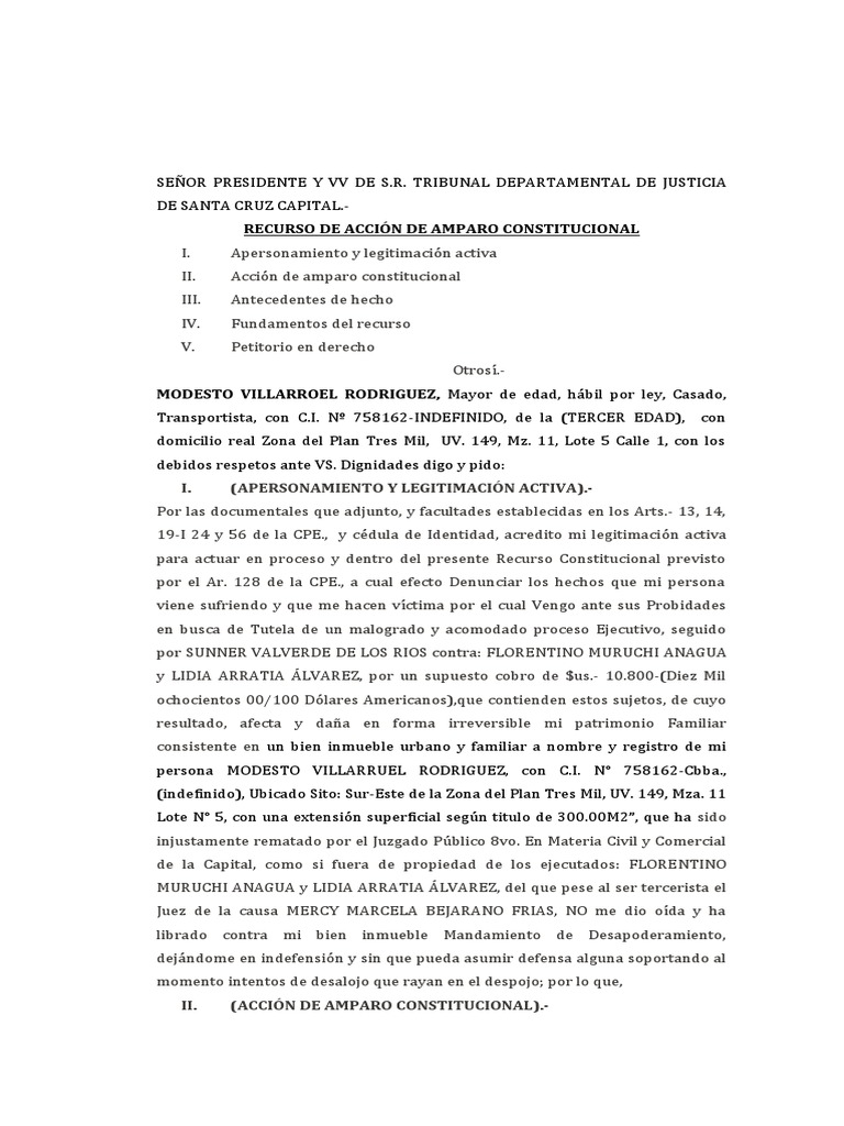 Modelo de Acción de Amparo Constitucional | PDF | Caso de ley | Derecho ...