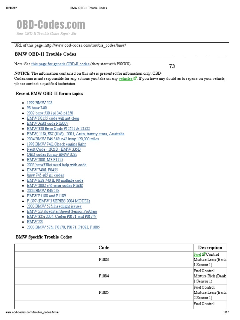 BMW OBD-II Trouble Codes | PDF | Electrical Network | Electrical ...