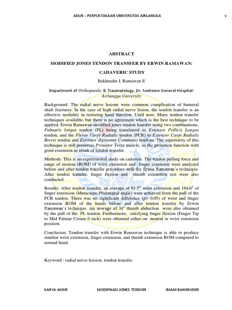 Modified Jones Tendon Transfer by Erwin Ramawan: Cadaveric Study | PDF