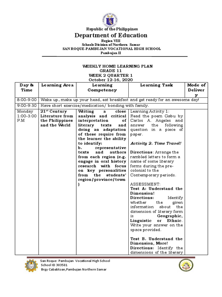 Weekly Learning Plan for Grade 11 | PDF | Communication | Cognitive Science