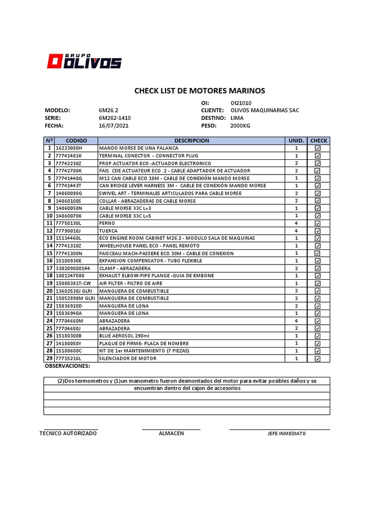 Check List de Motores Marinos | PDF