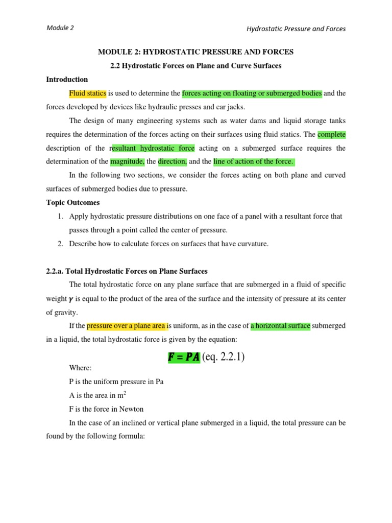 Hydrostatic Forces on Plane and Curved Surfaces: Calculating the ...