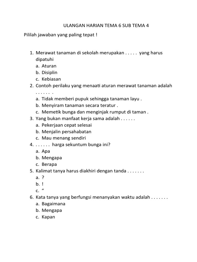 Ulangan Harian Tema 6 Sub Tema 4 | PDF