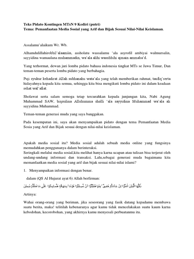 Kharisma Tsany Ramadhani - MTSN 9 Kediri - Kabupaten Kediri - Pidato Bahasa Indonesia (Putri ...